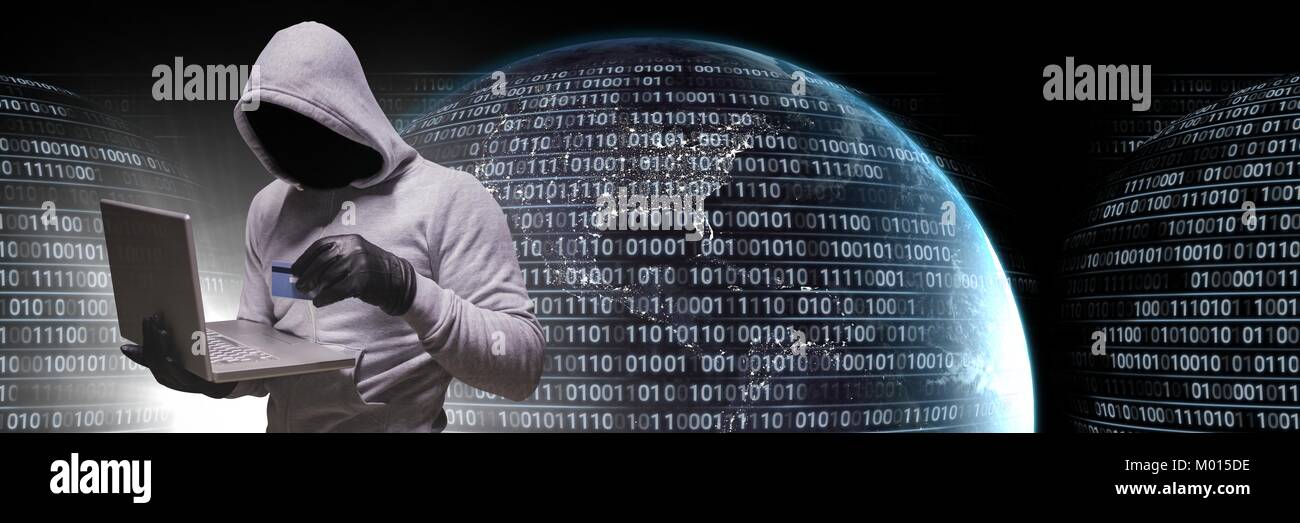 Anonymous hacker with computer code binary interface and earth world ...