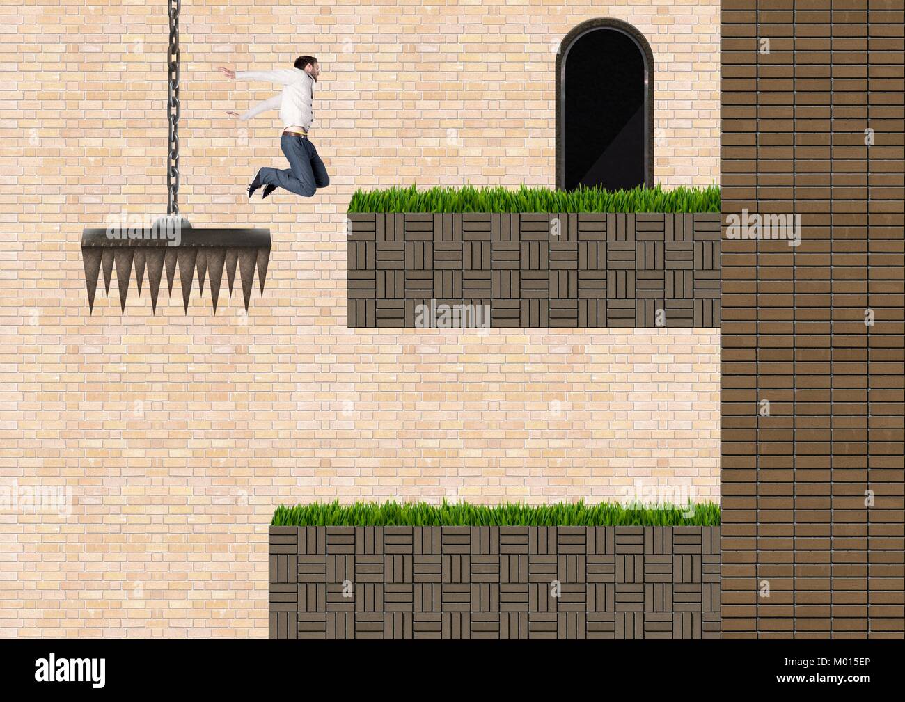 Man jumping in Computer Game Level and traps Stock Photo - Alamy