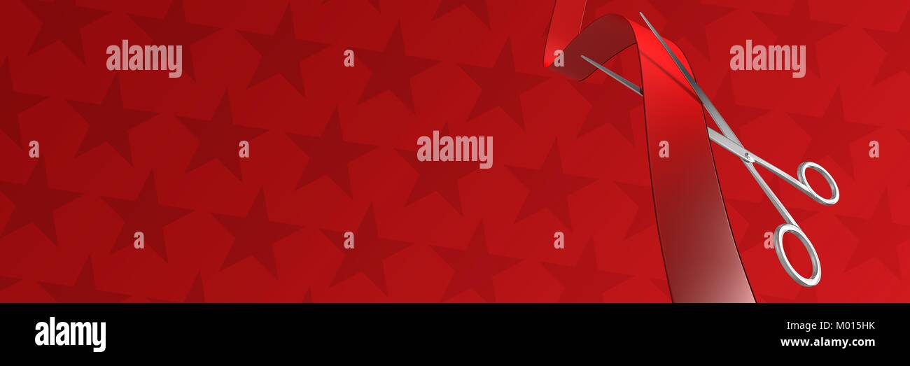 Scissors cutting ribbon with red stars Stock Photo - Alamy