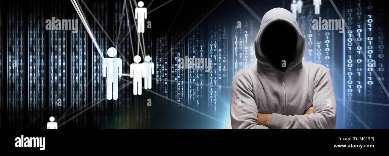 Anonymous hacker with computer code binary interface and people icons Stock Photo - Alamy