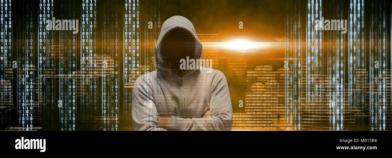 Anonymous hacker with computer code binary interface in city Stock Photo - Alamy