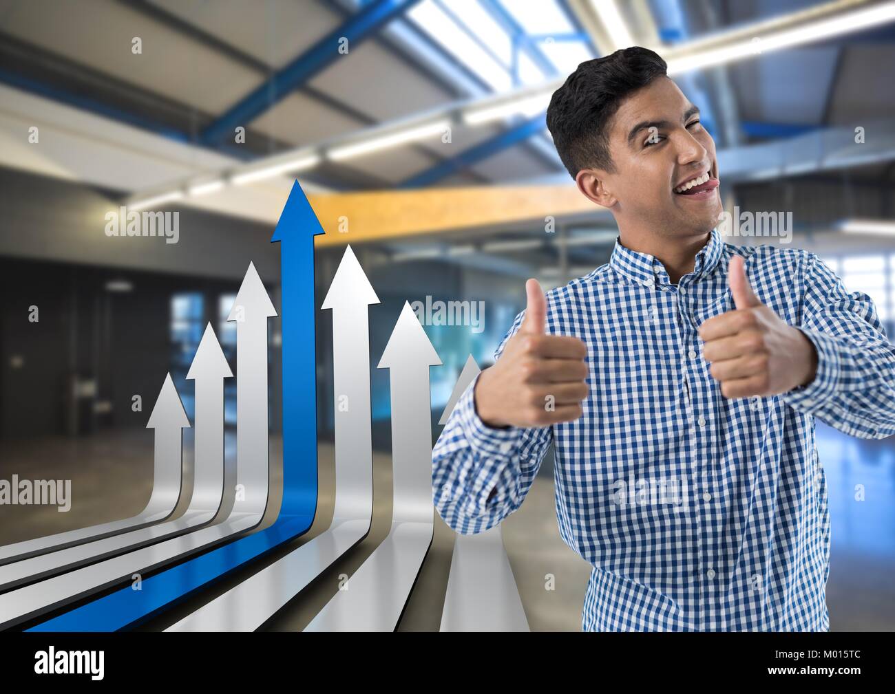 smiling man with arrows and thumbs up Stock Photo - Alamy