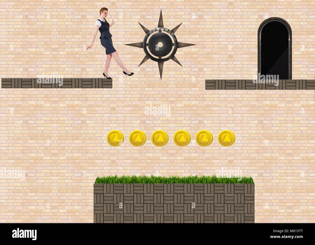 Businesswoman in Computer Game Level with coins and traps Stock Photo ...