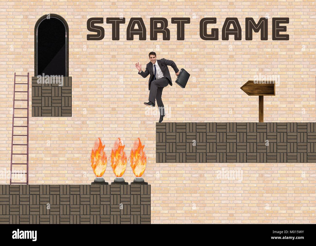 Start game text and man in Computer Game Level with traps and ladder ...