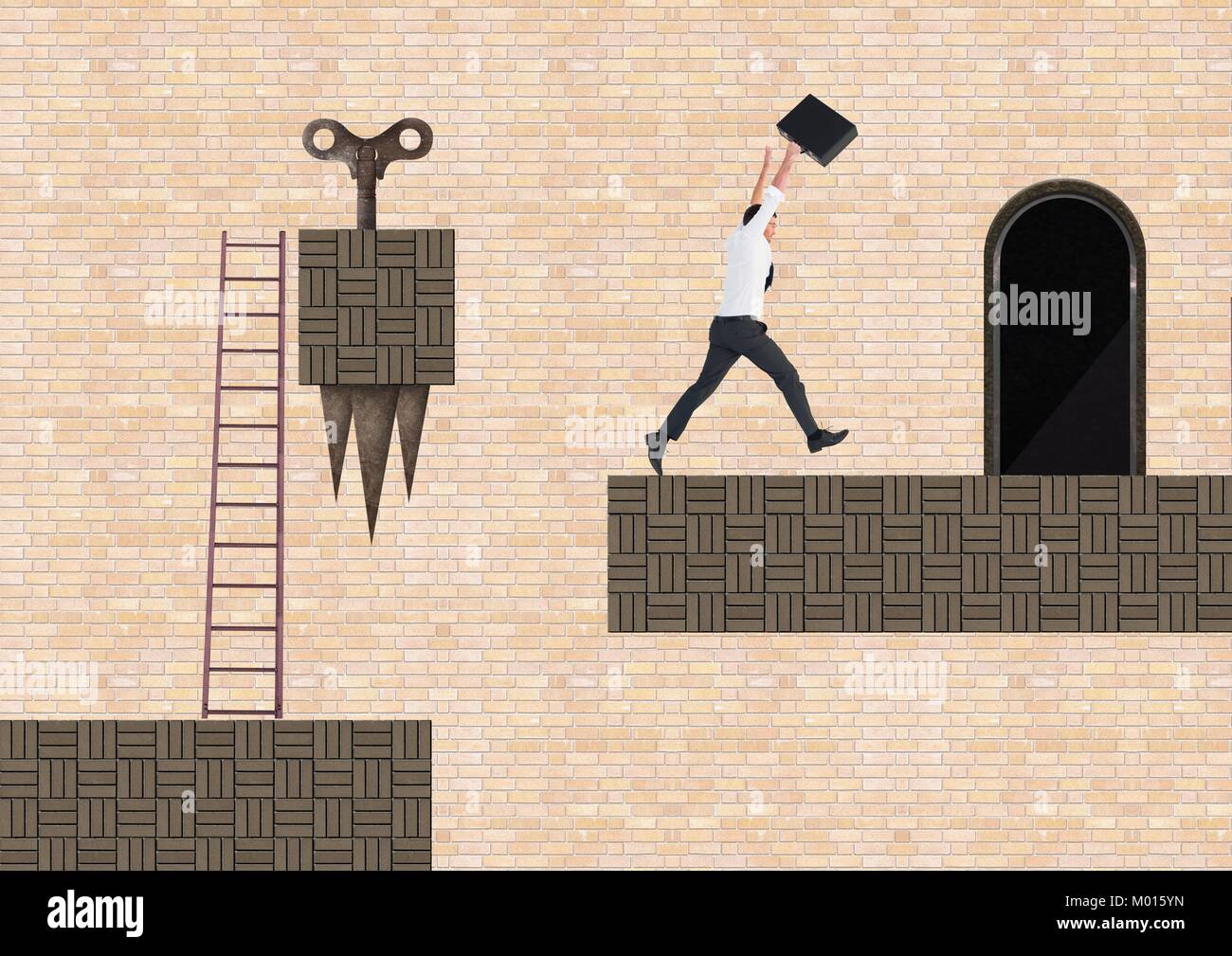 Businessman in Computer Game Level with key and coins Stock Photo - Alamy