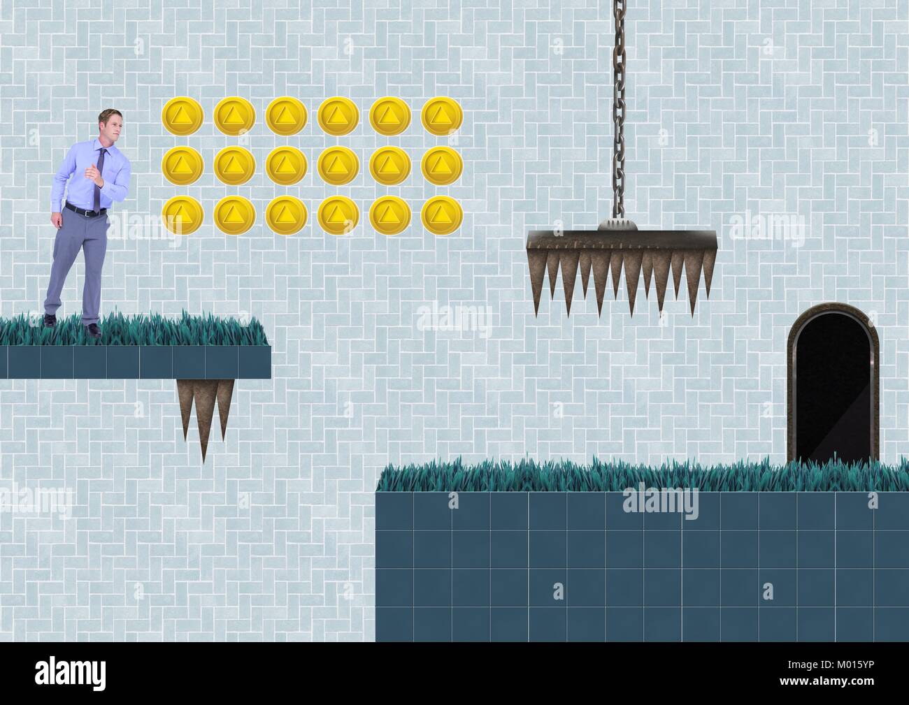 Businessman in Computer Game Level with coins and traps Stock Photo - Alamy