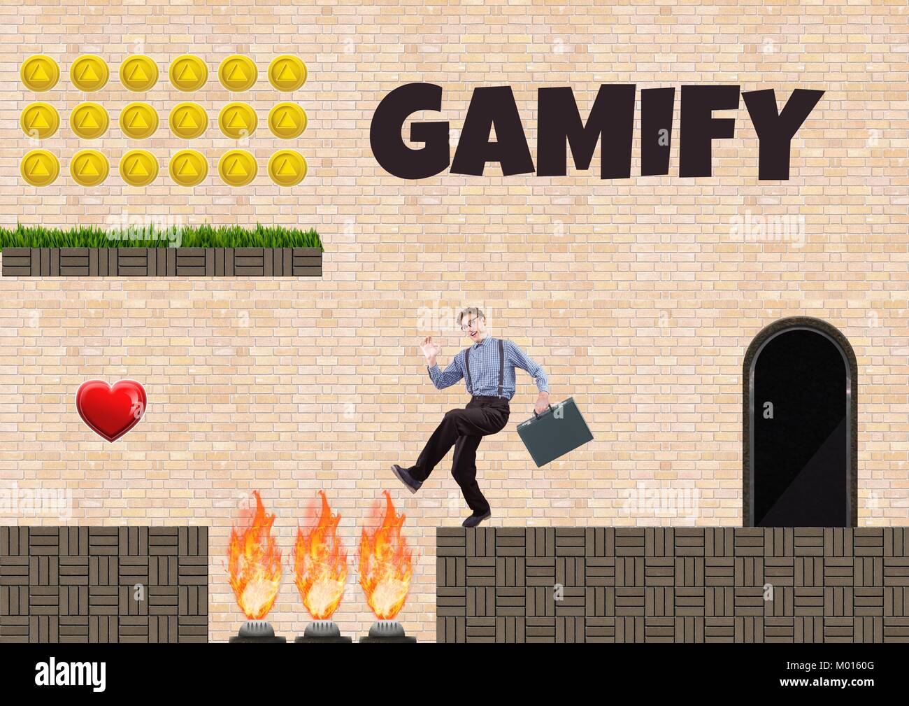 Gamify text and man in Computer Game Level with coins heart and traps ...
