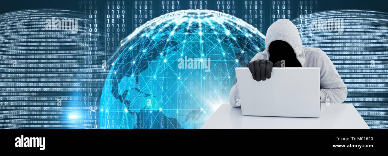 Anonymous hacker with computer code binary interface and world globe ...