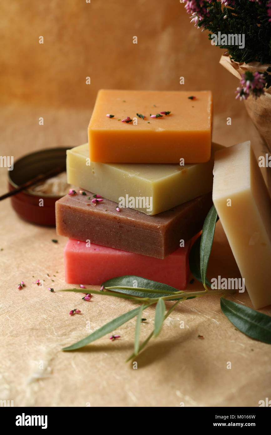Stack of organic soaps closeup Stock Photo - Alamy