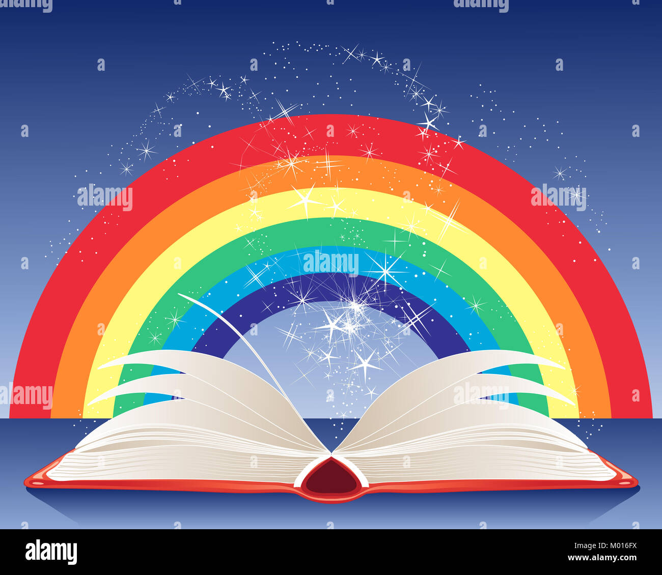 an illustration of a magic book with white pages sparkles and a rainbow ...