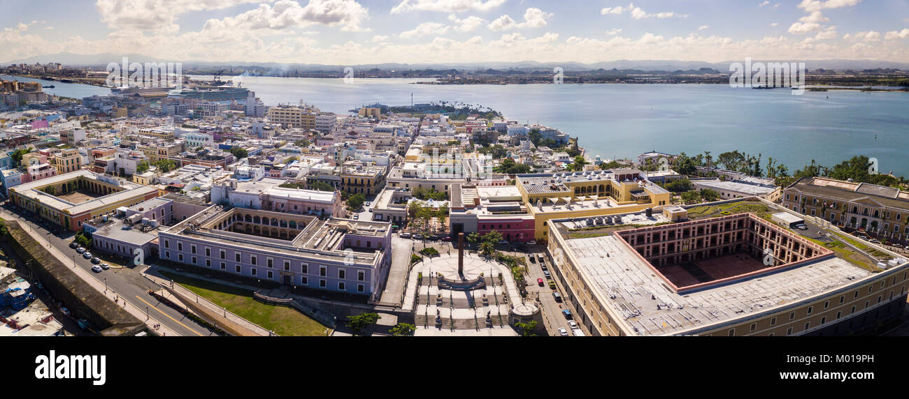 180 degree aerial panorama of Old San Juan, Puerto Rico with harbor in ...