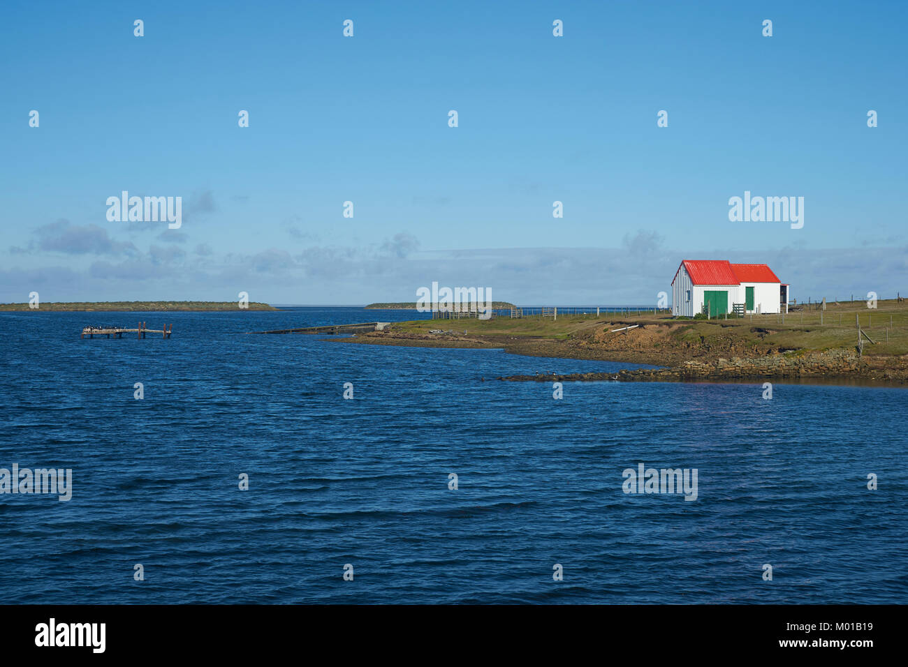 Farm buildings at the settlement on the coast of Bleaker Island in the ...