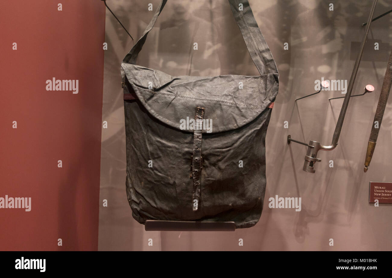 A Federal issue black-painted canvas haversack on display in the ...