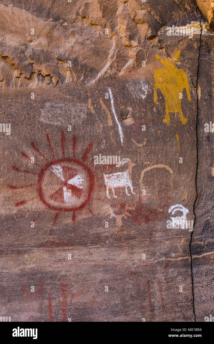 Fremont Culture pictographs, depicting a sun symbol, a human figure ...