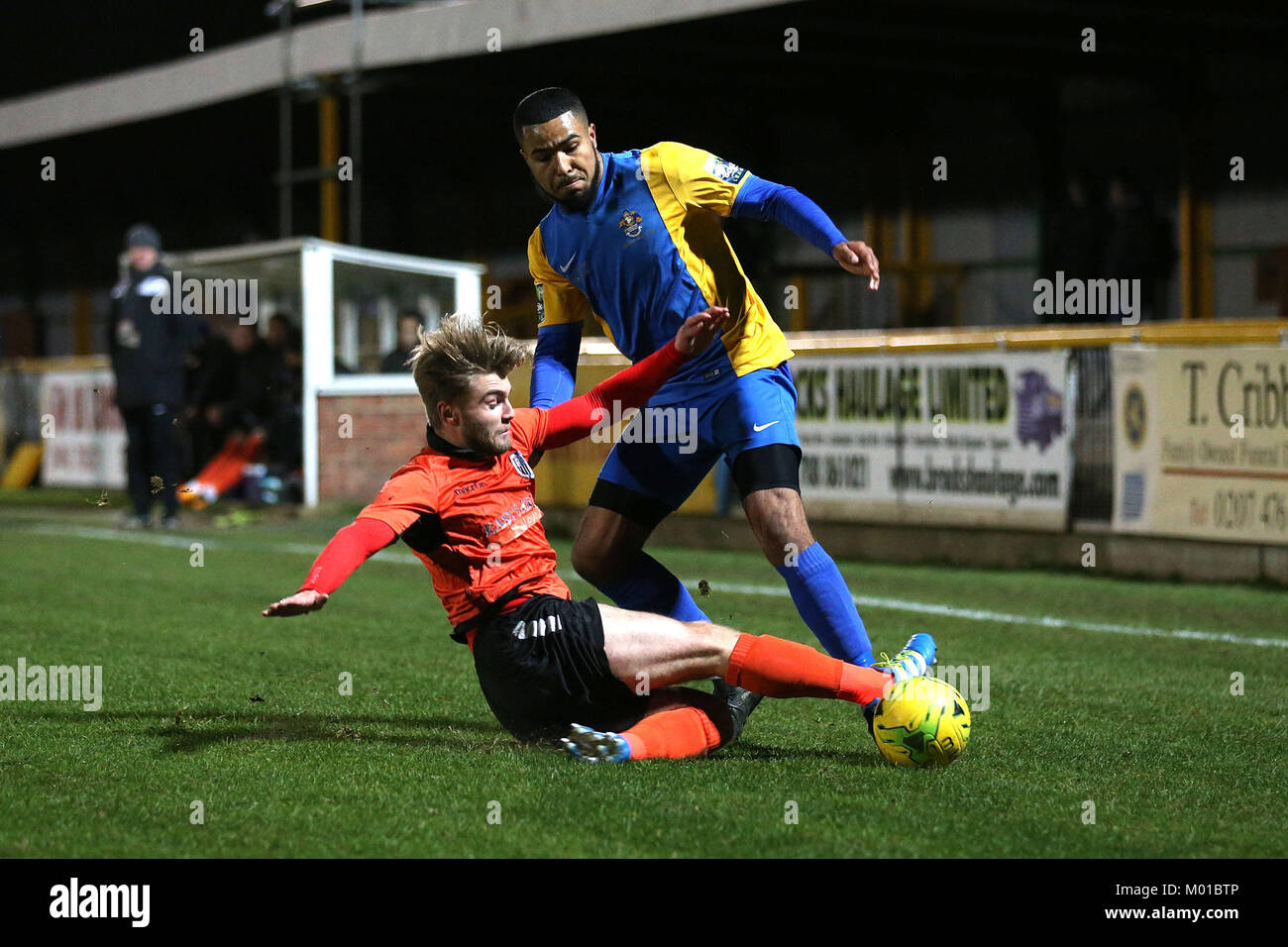 Hugo Atkinson of Romford and Charlie Yaxley of Ware during Romford vs ...