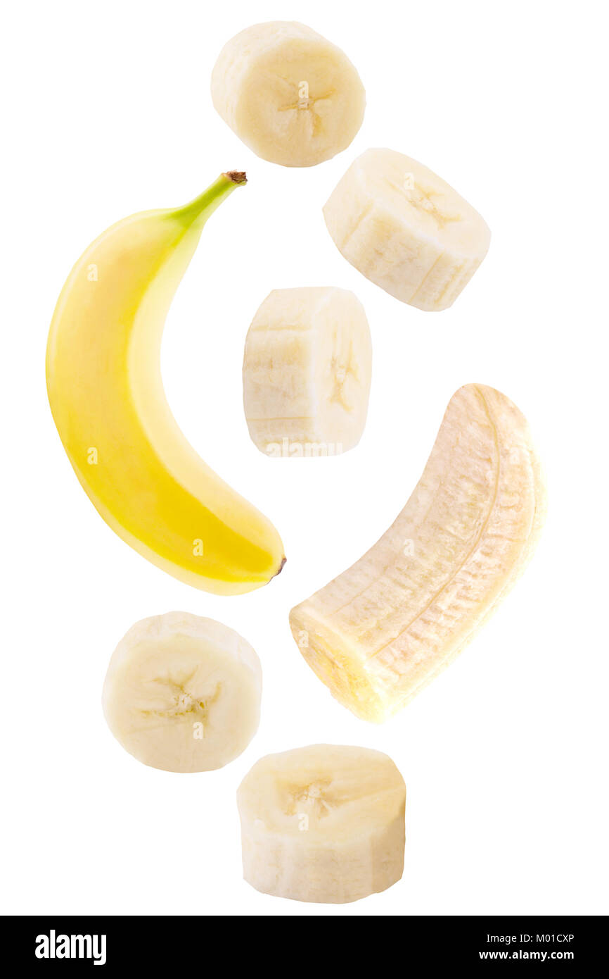 Isolated falling fruits. Falling banana fruit isolated on white ...
