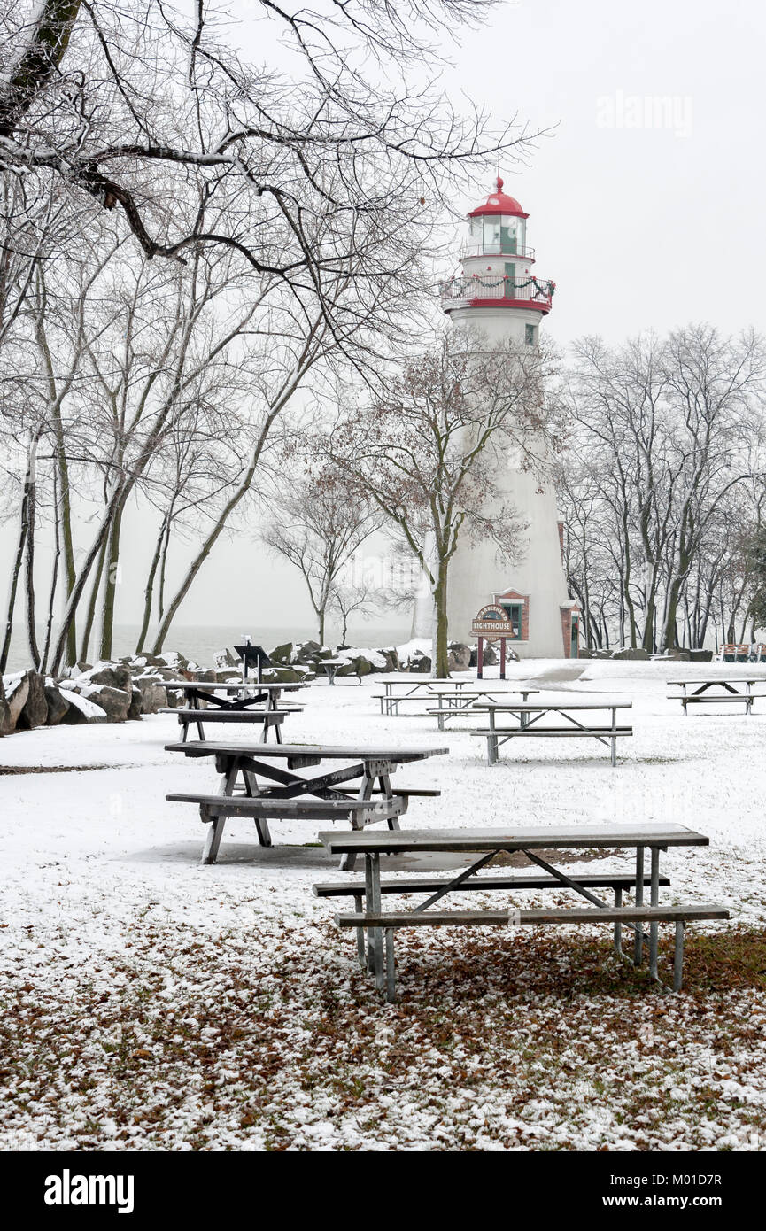 Marblehead Lighthouse covered in winter snow Stock Photo - Alamy