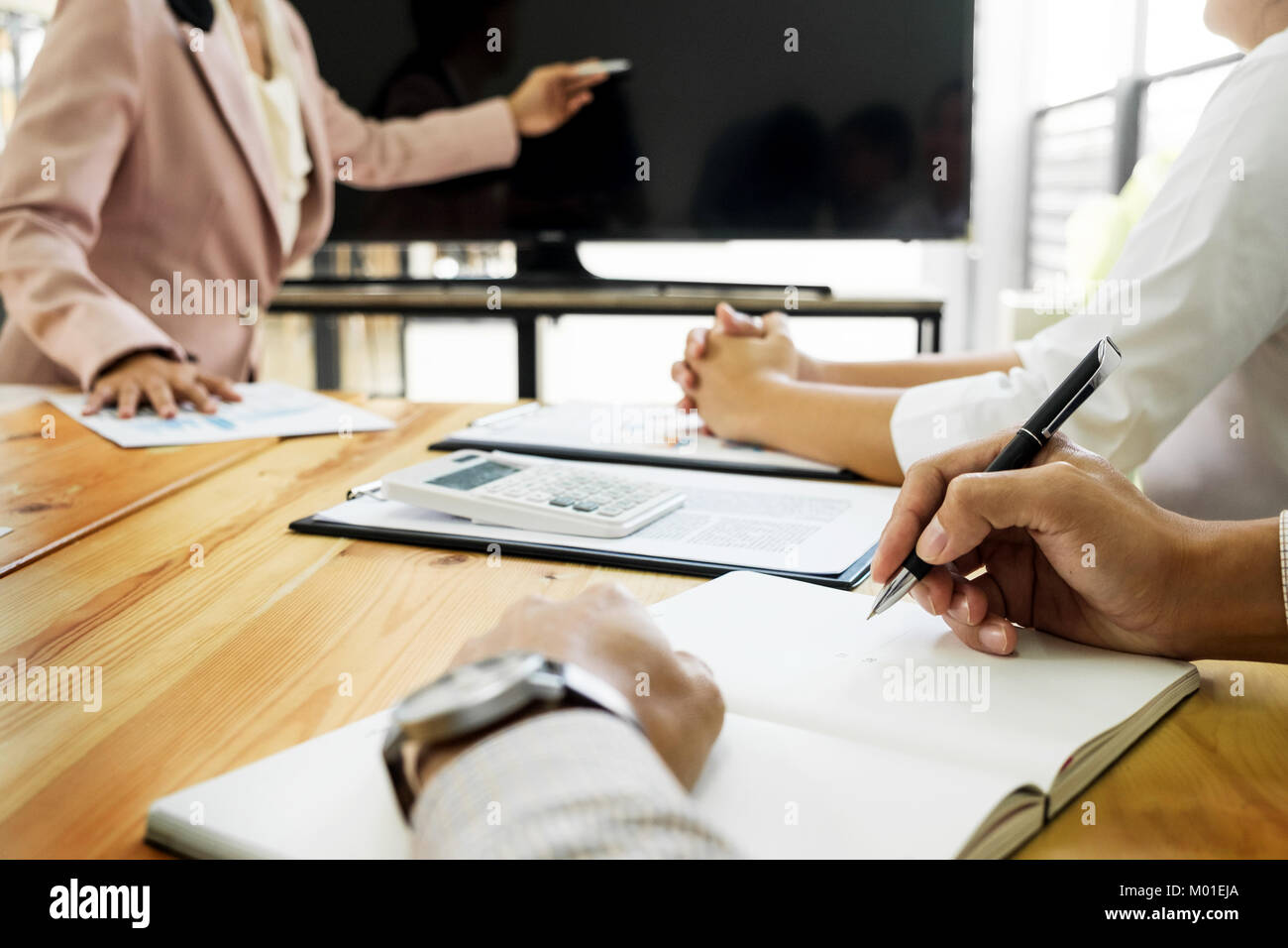 young business man working presentation using television computer Stock ...