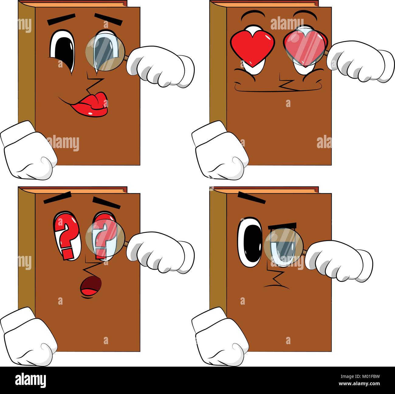 Books holding a magnifying glass. Cartoon book collection with various ...