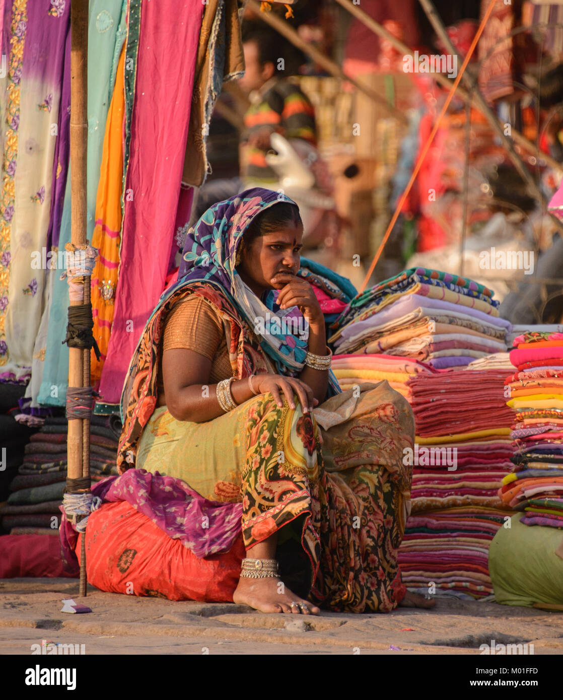 Selling textiles in the blue town of Jodhpur, Rajasthan, India Stock ...