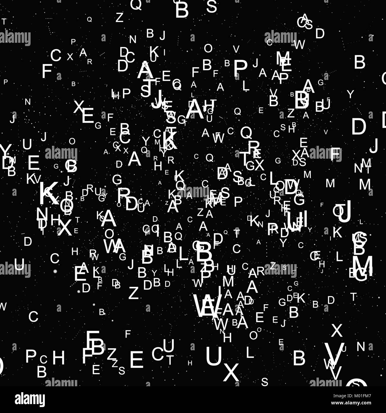 Abstract white alphabet fly on black background Stock Photo - Alamy