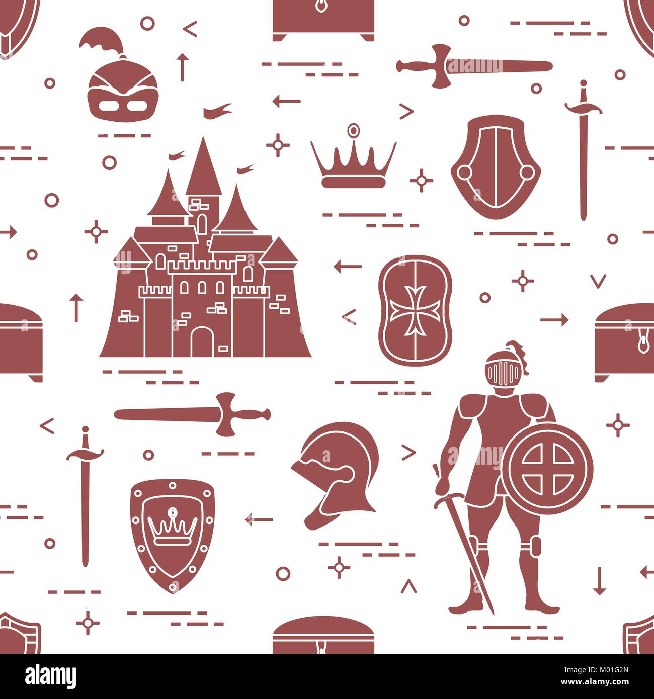 Seamless pattern with knight, castle, shields, swords, cuirass, helmet ...