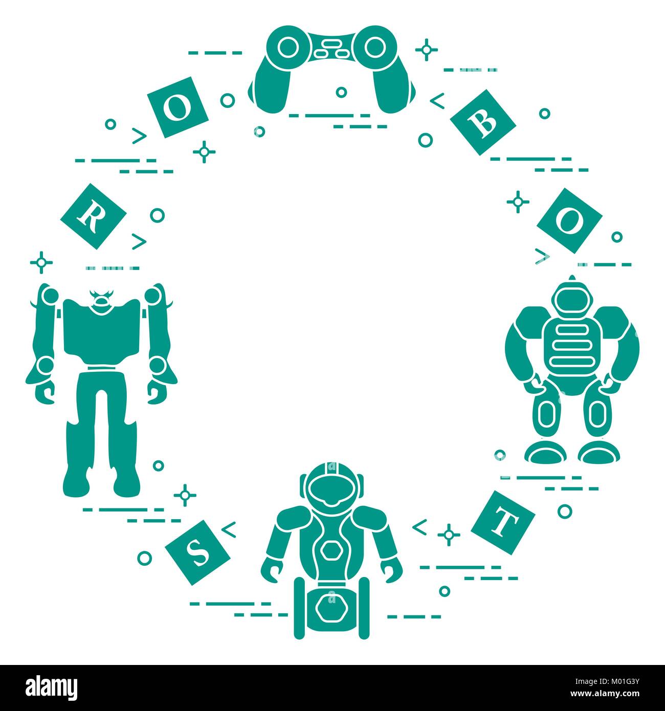 Toys for children: robots, remote control, cubes. Design for banner ...