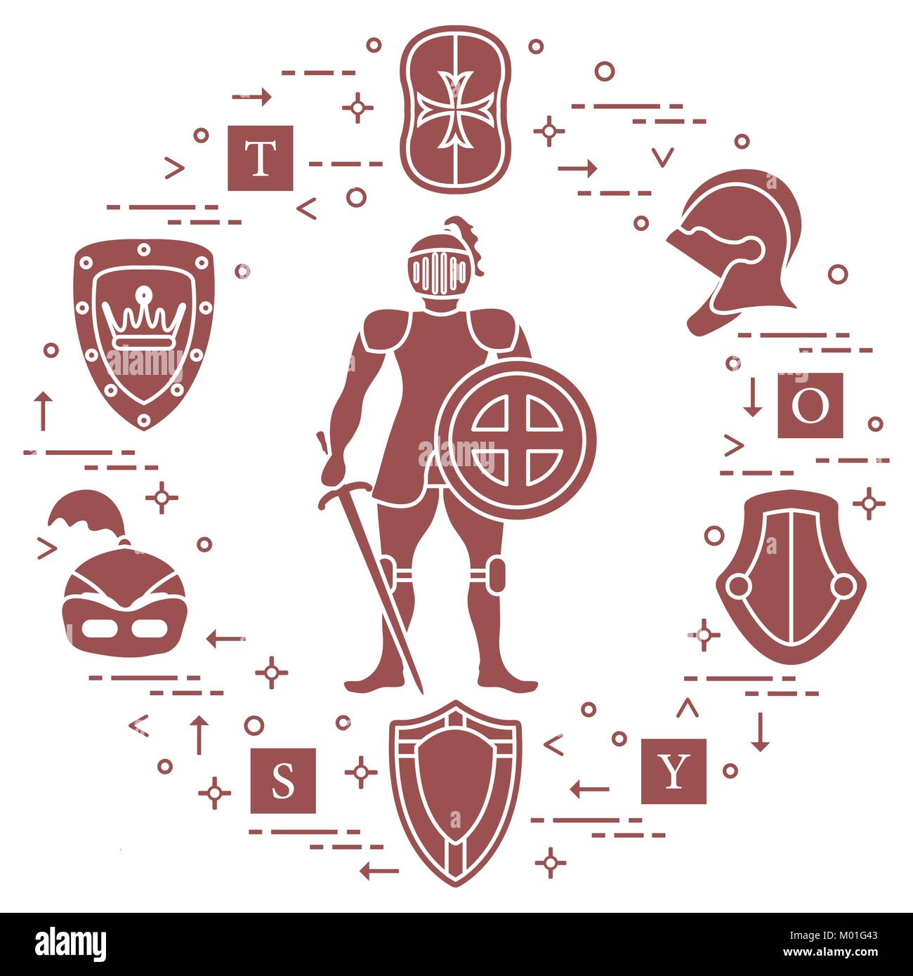 Knight, shields, swords, helmets, cubes. Design element for postcard ...