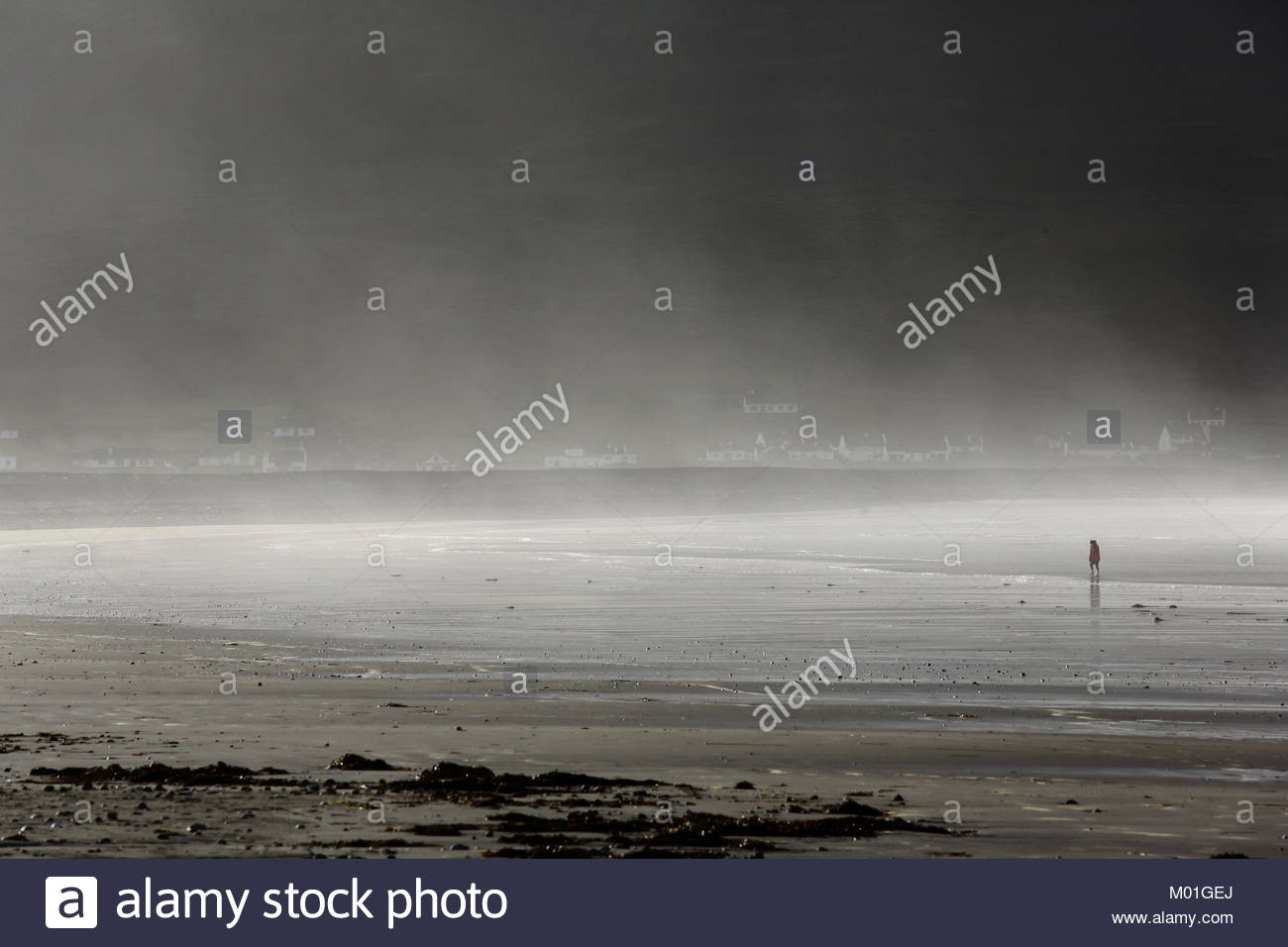 Mist in from the Atlantic Ocean sweeps across a beach on Achill Island ...