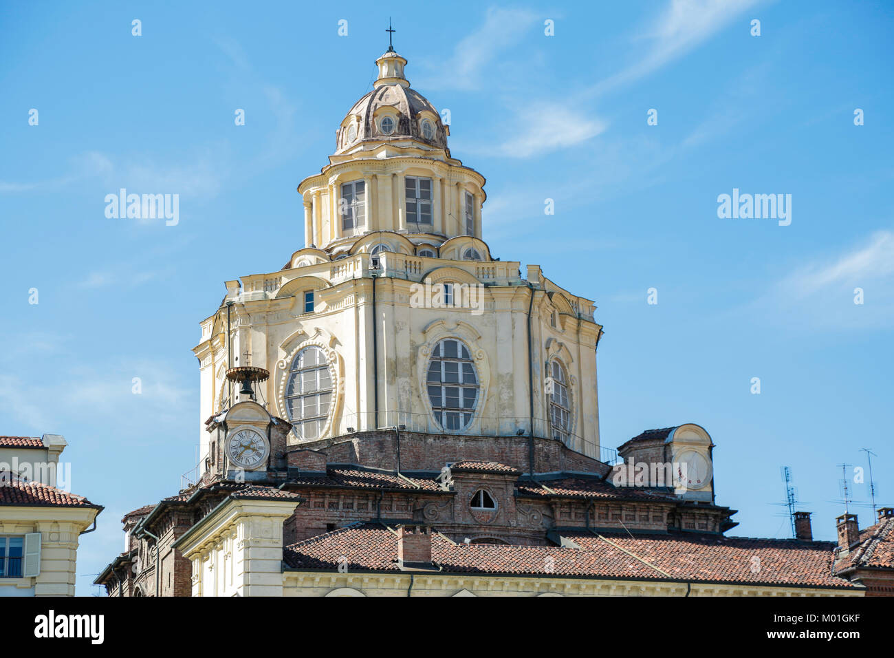 Turin, Italy: historical Dome of Turin with religious symbol of Sindone ...