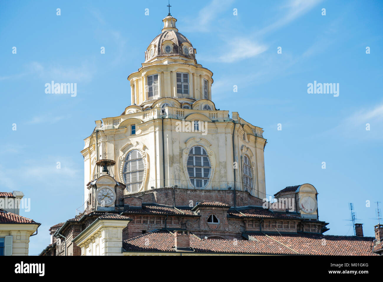 Turin, Italy: historical Dome of Turin with religious symbol of Sindone ...