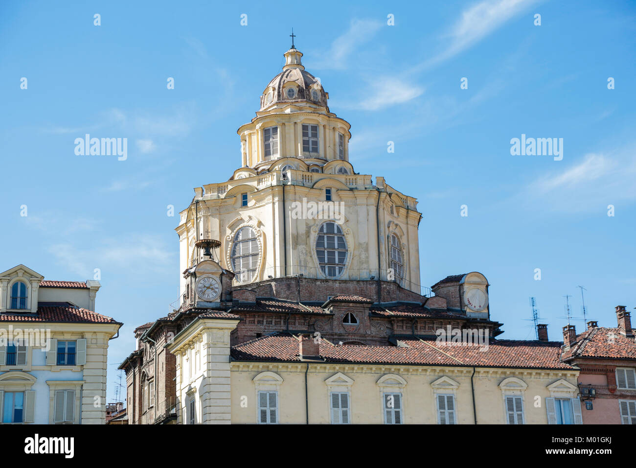 Turin, Italy: historical Dome of Turin with religious symbol of Sindone ...