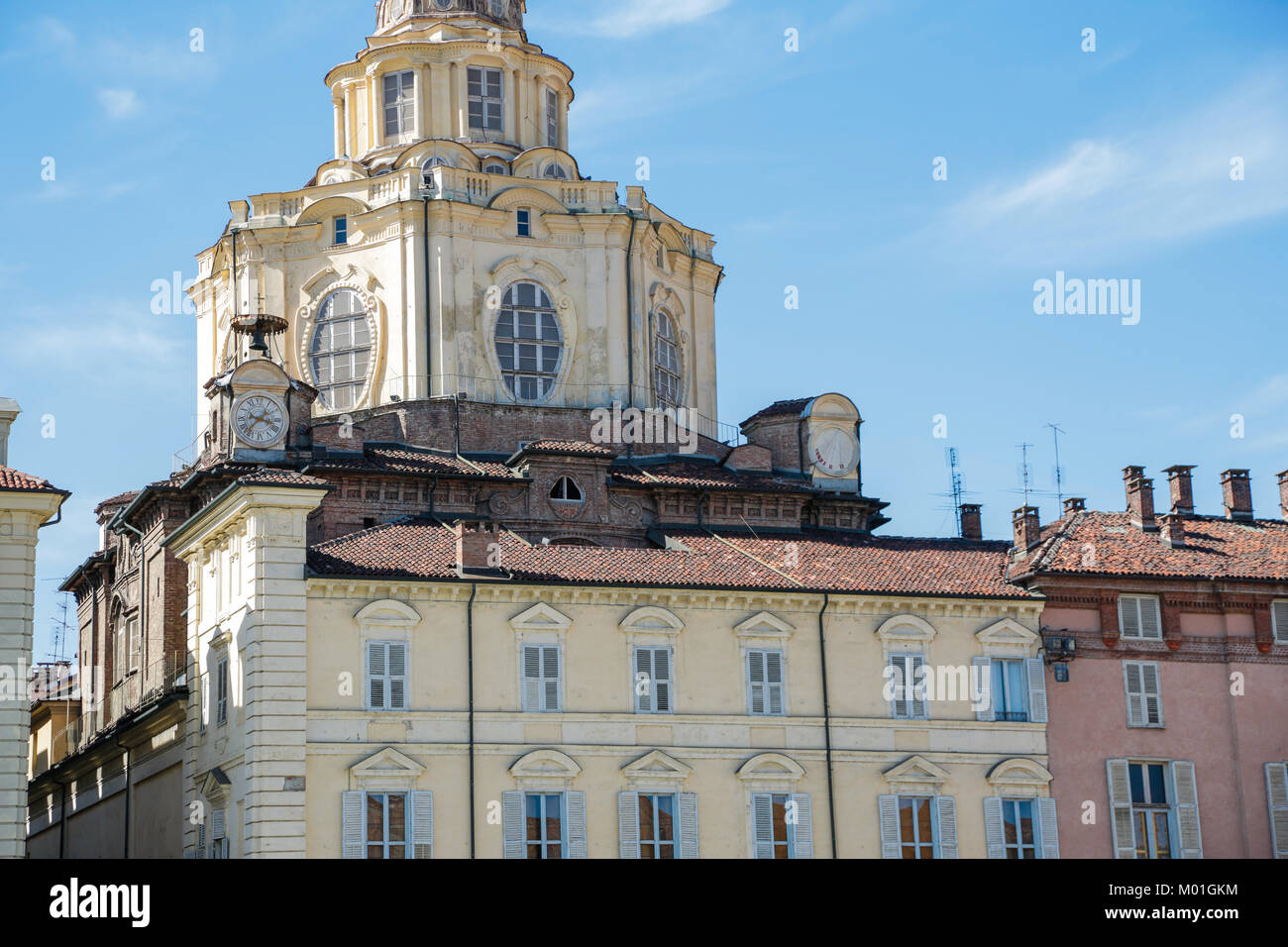Turin, Italy: historical Dome of Turin with religious symbol of Sindone ...