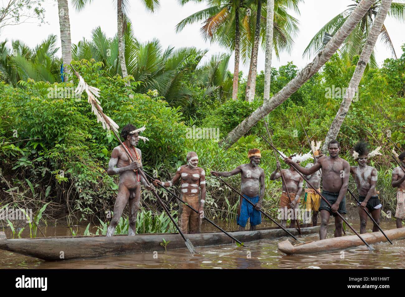 Canoe war ceremony of Asmat people. Headhunters of a tribe of Asmat ...