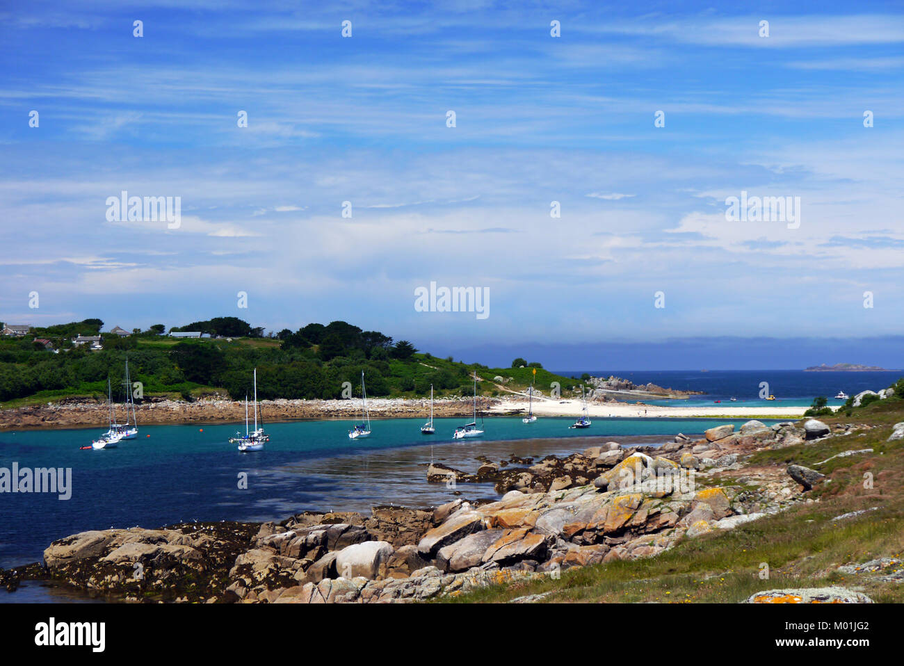 Sailing Boats Anchored in The Cove & (The Bar) a Sand & Shingle Beach ...