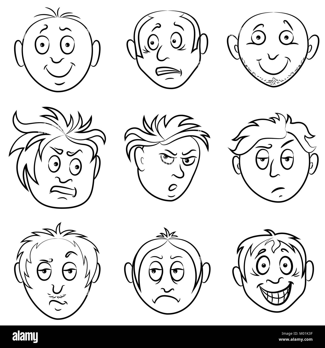 Set of nine amusing male grimaces, sketching cartoon vector outlines ...