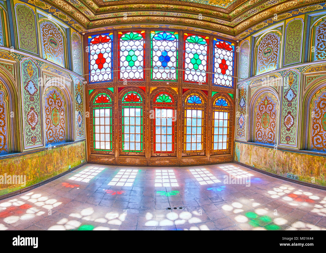 SHIRAZ, IRAN - OCTOBER 12, 2017: The colored stained glass windows are ...