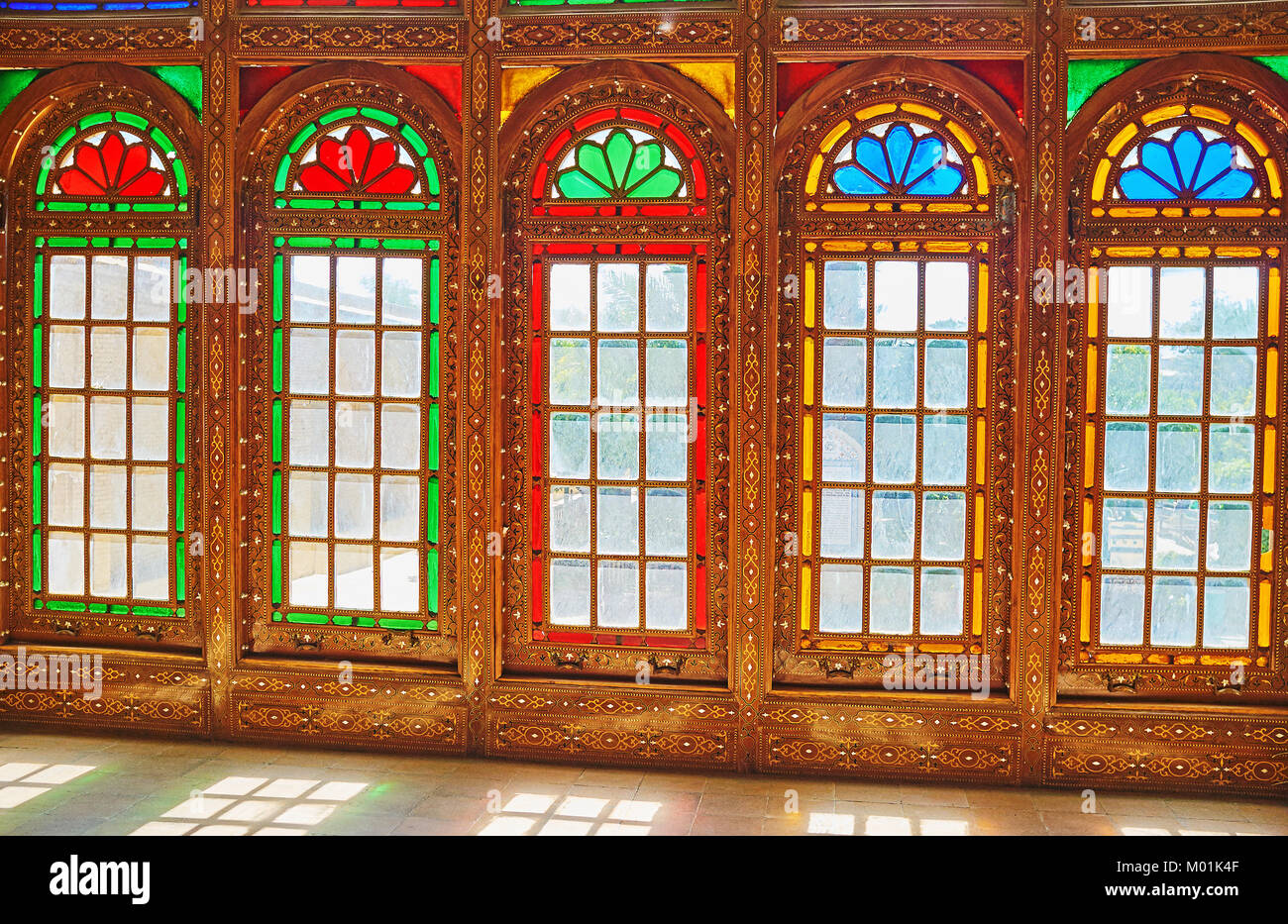 SHIRAZ, IRAN - OCTOBER 12, 2017: The medieval stained glass windows ...