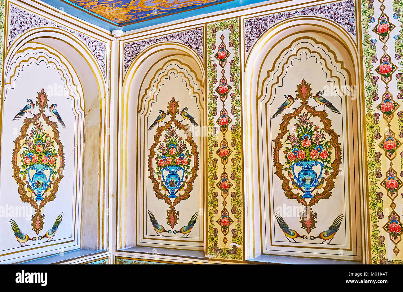 SHIRAZ, IRAN - OCTOBER 12, 2017: The painted compositions with flower ...