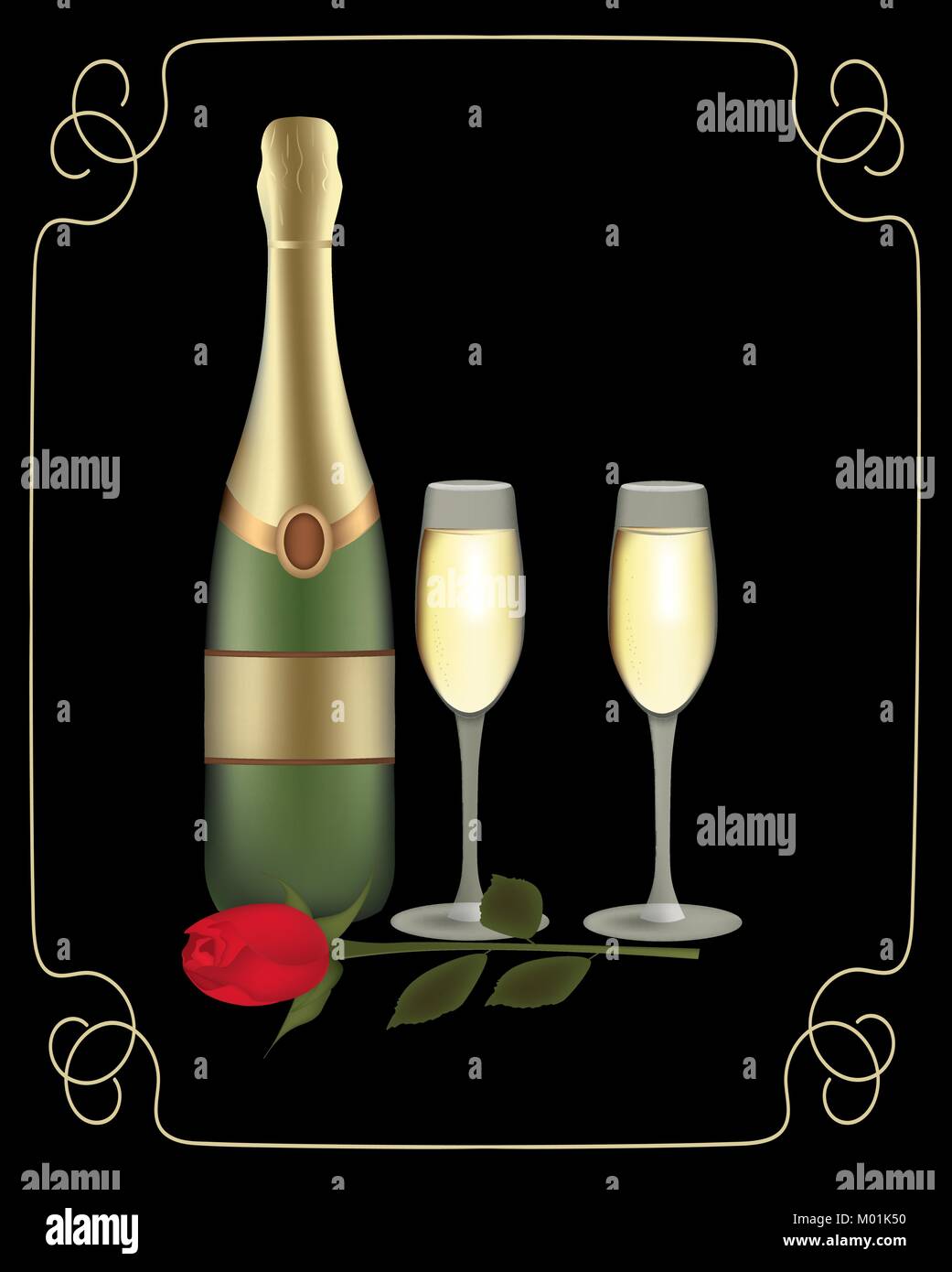 Champagne bottle with two glasses and rose on dark background with ...