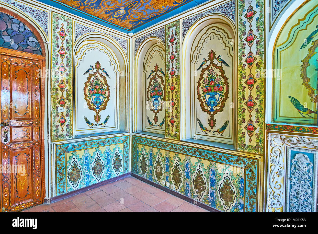 SHIRAZ, IRAN - OCTOBER 12, 2017: The unique painted decoration of the ...