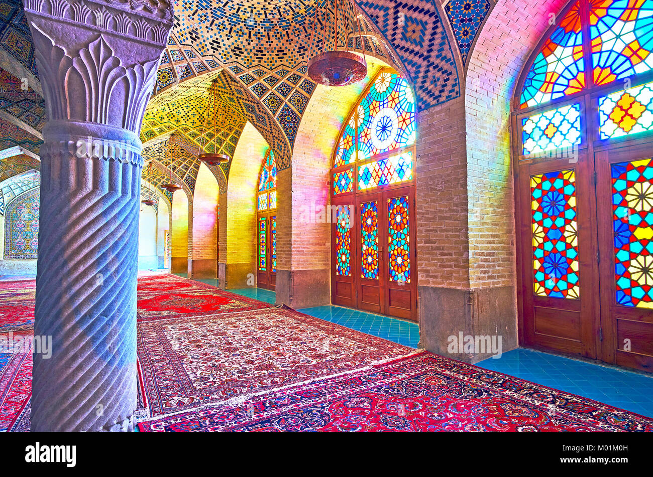 SHIRAZ, IRAN - OCTOBER 12, 2017: The scenic stained glass windows in ...