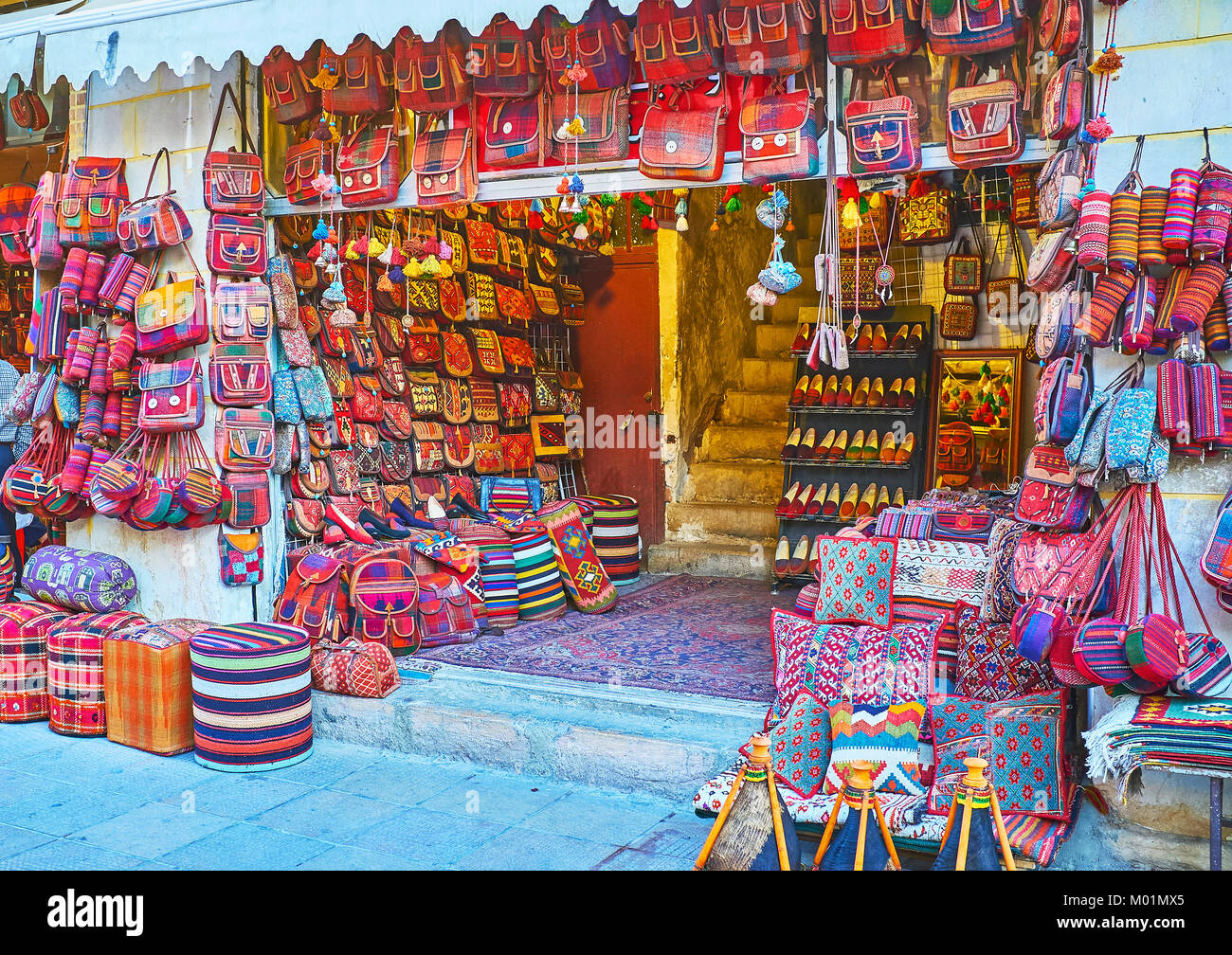The stall in Vakil Bazaar with ethnic woven bags and backpacks ...