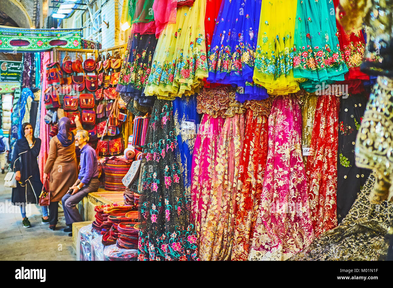 SHIRAZ, IRAN - OCTOBER 12, 2017: The showcase of the textile store in ...