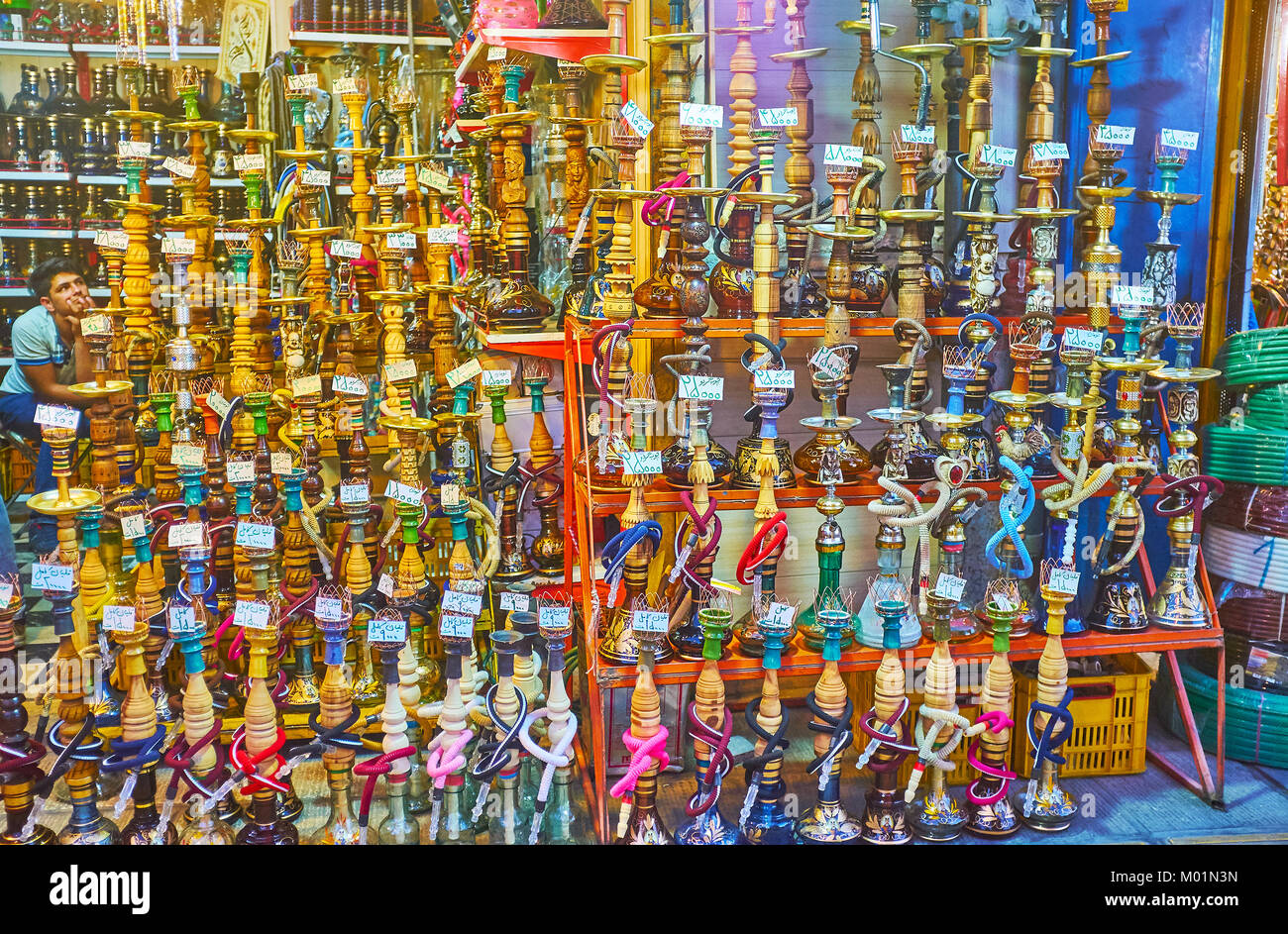 SHIRAZ, IRAN - OCTOBER 12, 2017: The wide range of shisha water pipes ...