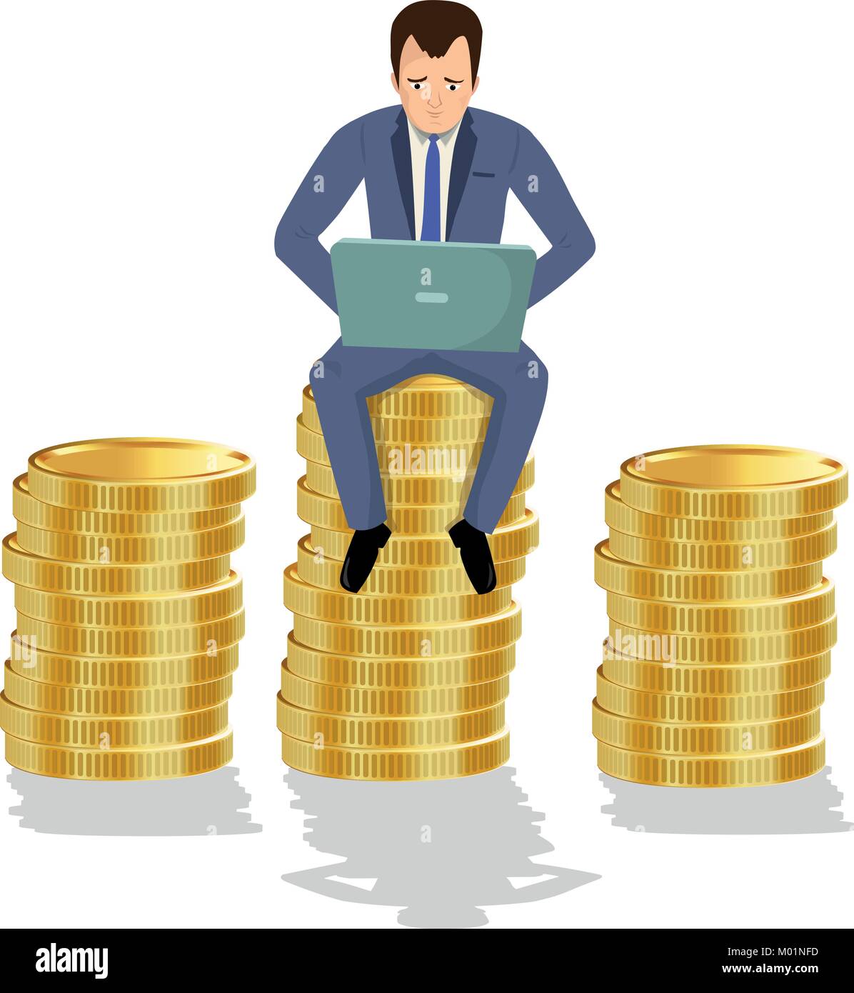 Businessman sitting on gold coins. Concept of creative person, earning ...