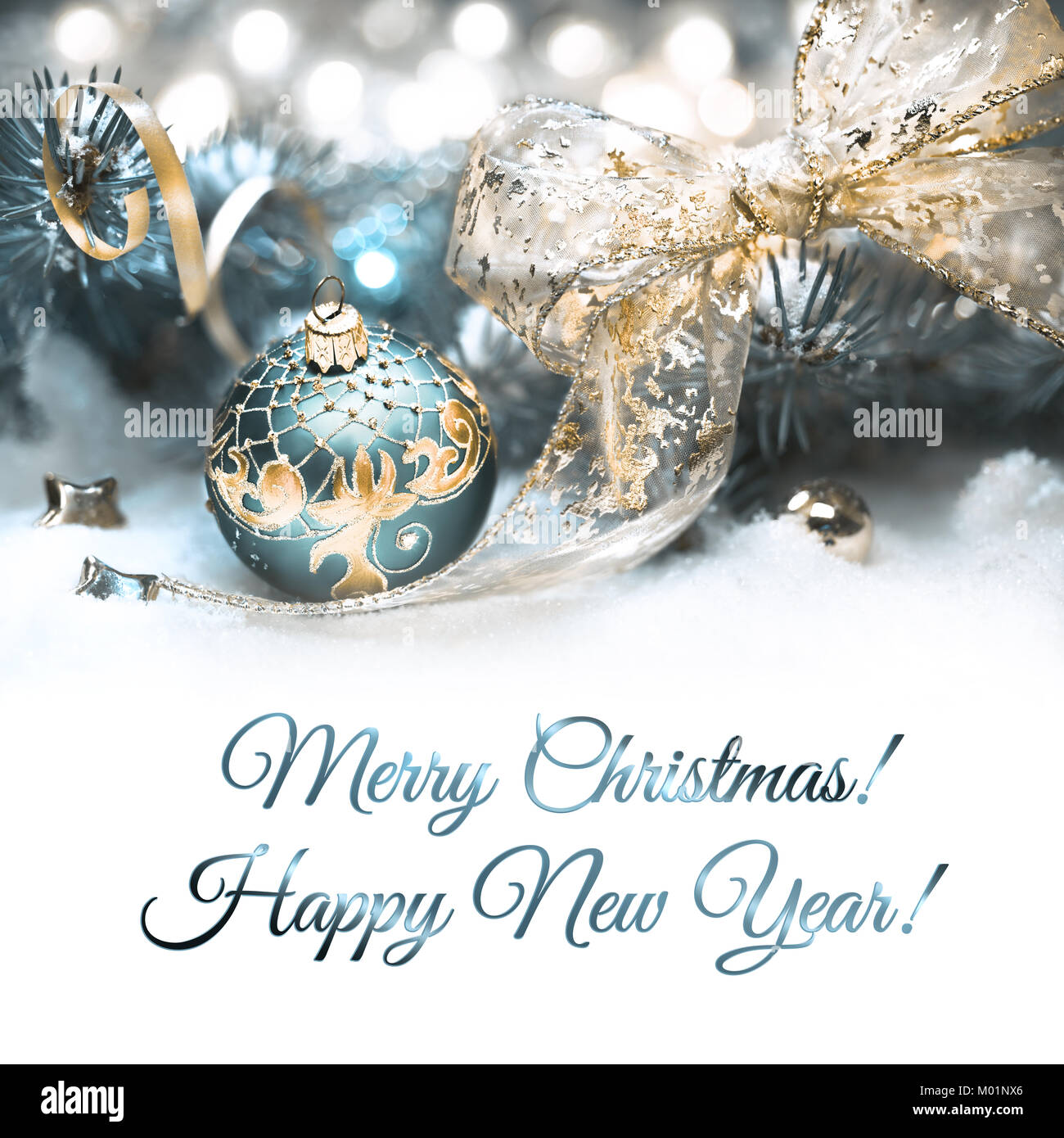 Christmas decorations in cyan and gold, space for your text Stock Photo ...