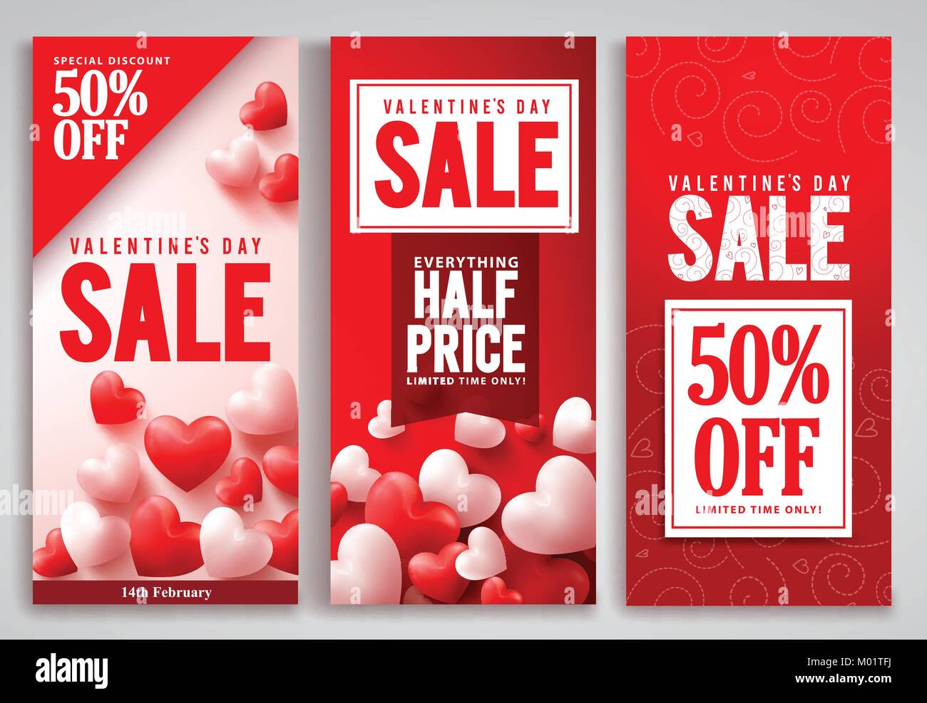 Valentines day sale vector poster set designs with red hearts shape ...