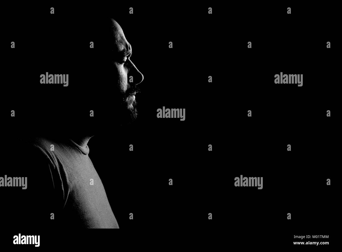 A high contrast black and white profile portrait with plenty of copy ...