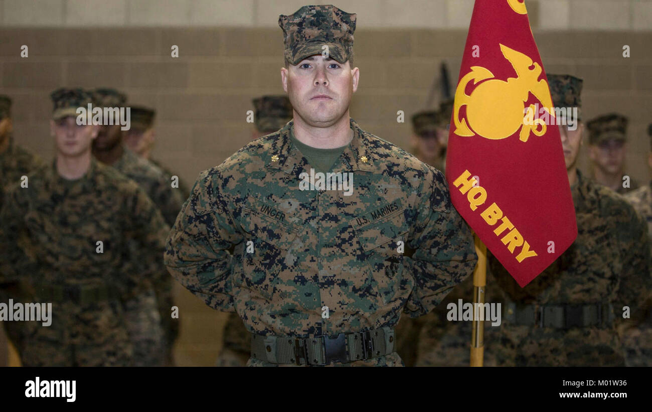 U.S. Marines with 11th Marine Regiment stand at parade rest during a ...